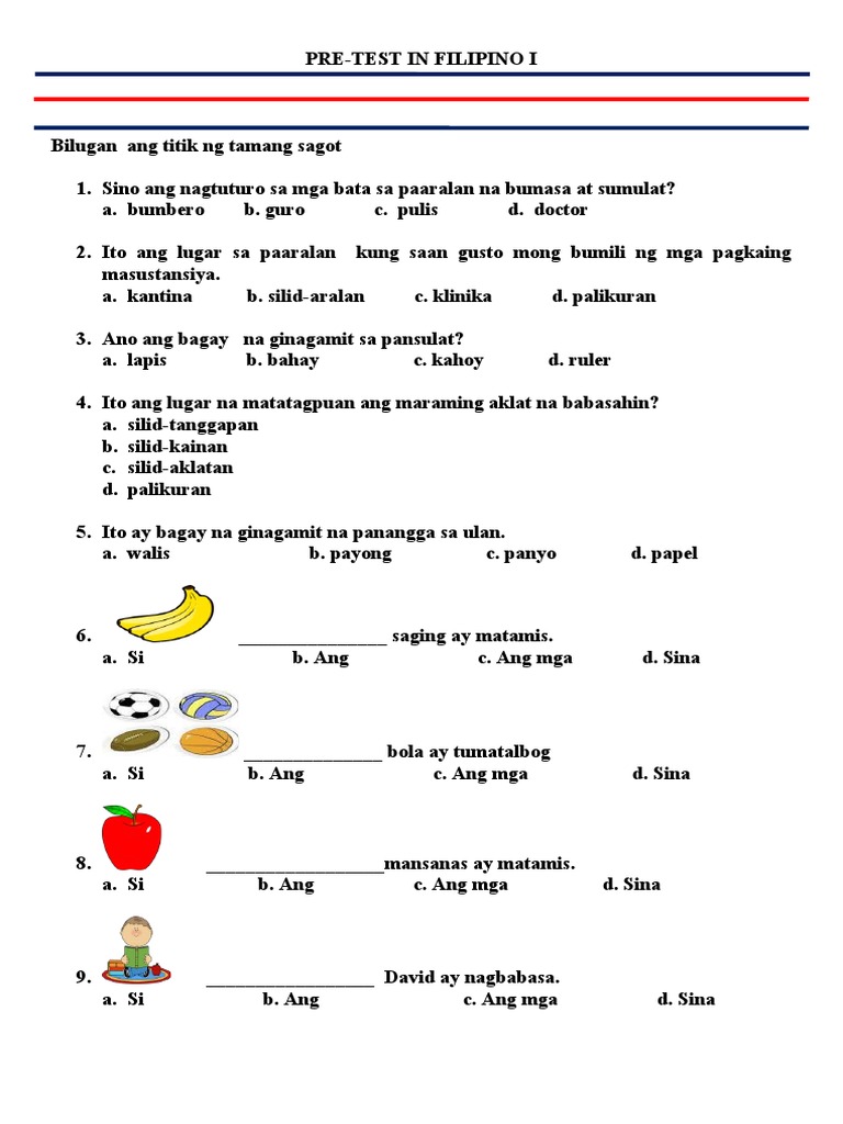 Pre-Test - Filipino 1 | PDF