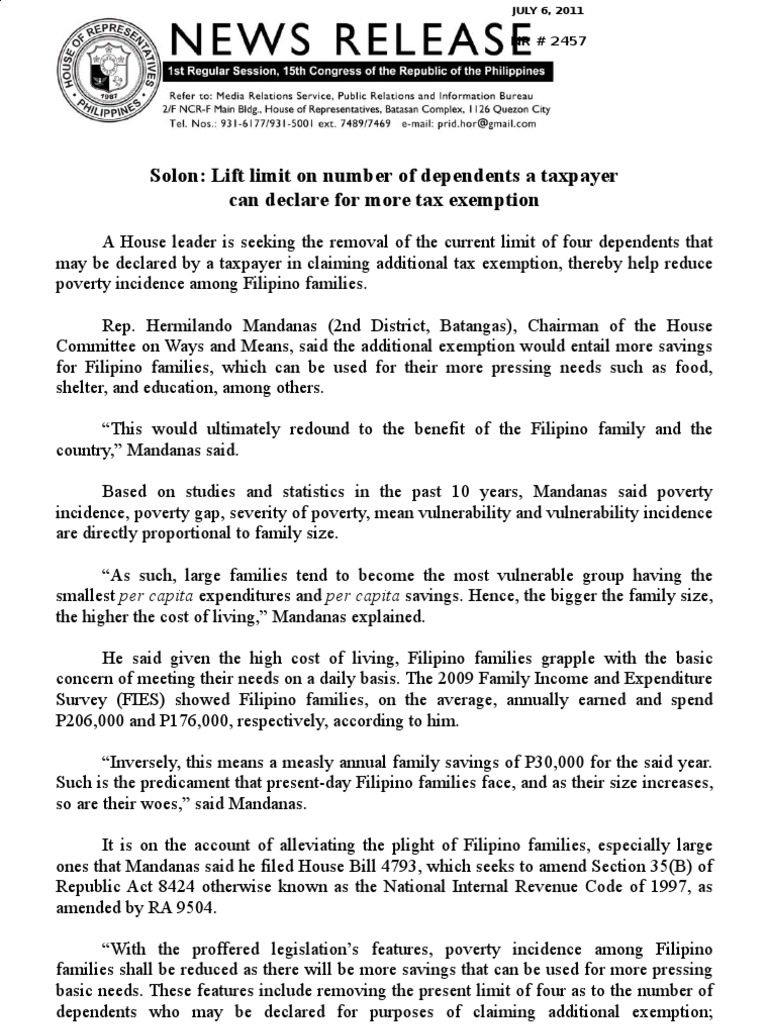 July 06.2011 - Solon - Lift Limit On Number of Dependents A Taxpayer ...