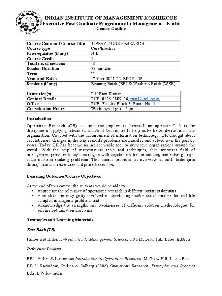 (OR) - EPGP Kochi - AMBA Course Outline | PDF | Operations Research | Science
