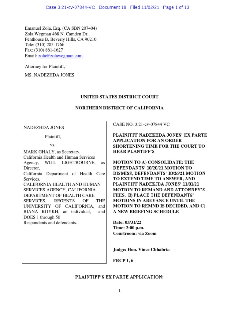 18 Ex Parte Applic Shorten Time Consolidate 11/01/21 | PDF | Federal ...