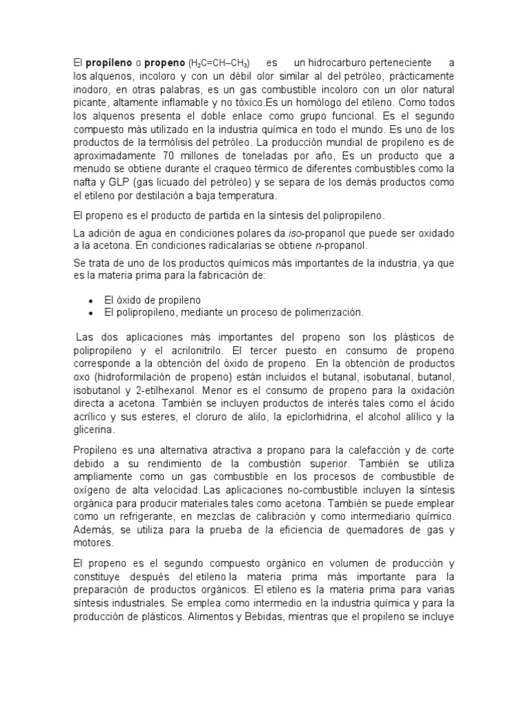 Propileno: Composición y Aplicaciones | PDF | Química | Industria química