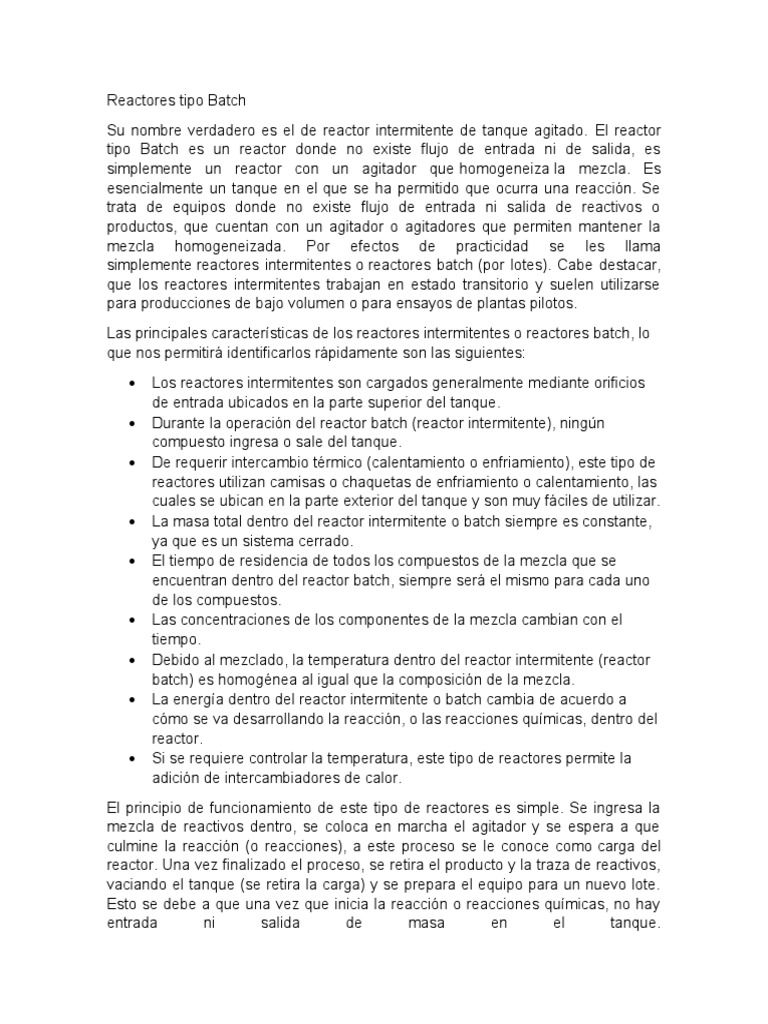 Reactores Tipo Batch | PDF | Reactor Quimico | Reacciones químicas