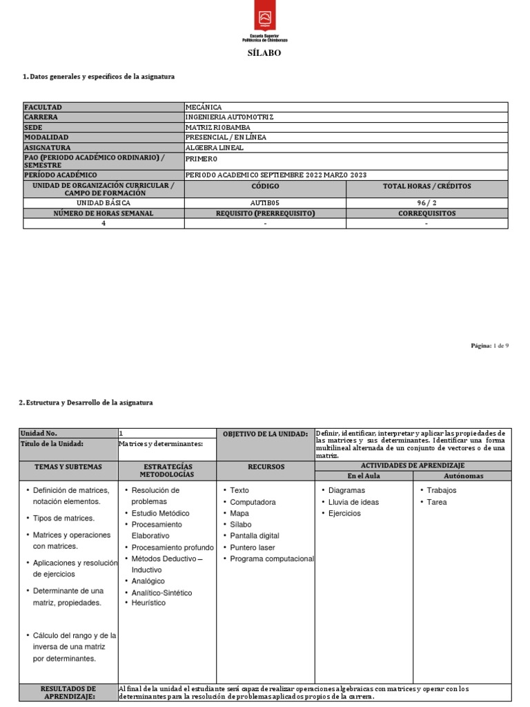 Silabo Algebra Lineal - Automotriz | PDF | Matriz (Matemáticas ... Silabo Algebra Lineal - Automotriz | PDF | Matriz (Matemáticas ...