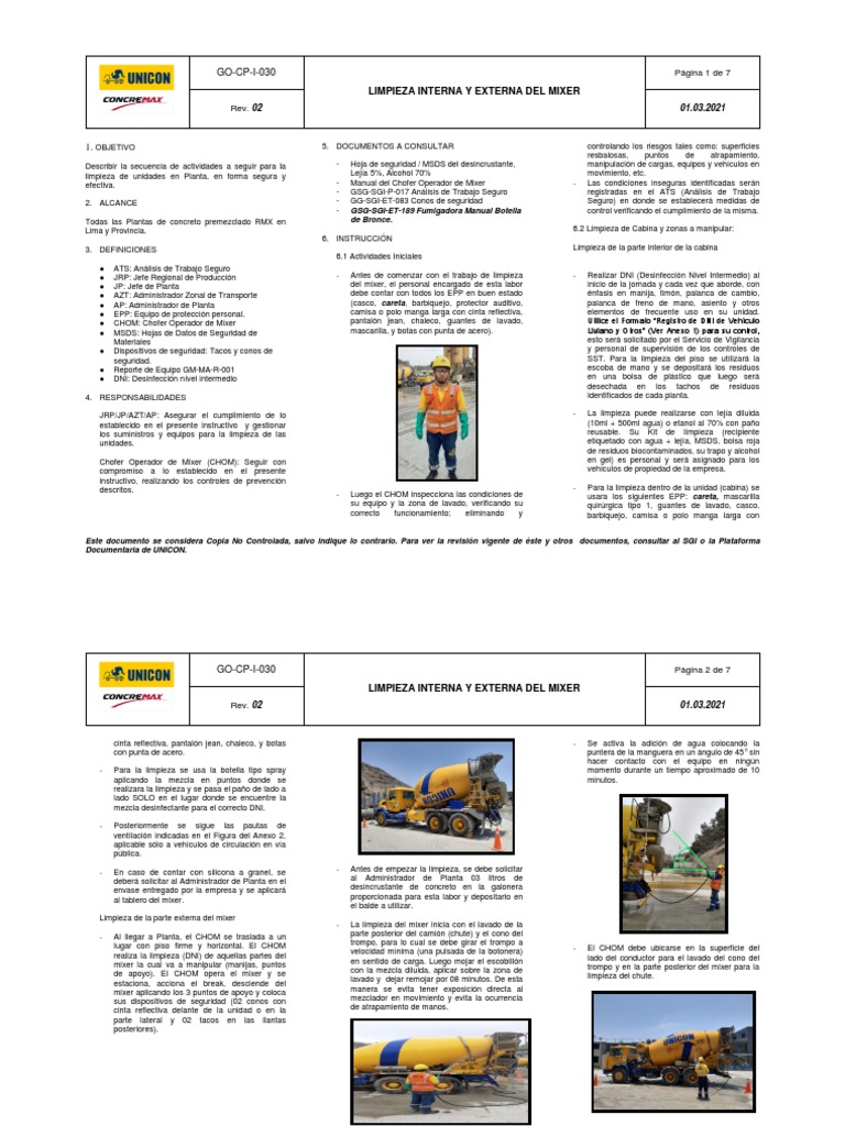 GO-CP-I-030 Instructivo de Limpieza Interna y Externa de Mixer - Miriam Rojas Espinoza | PDF | Agua