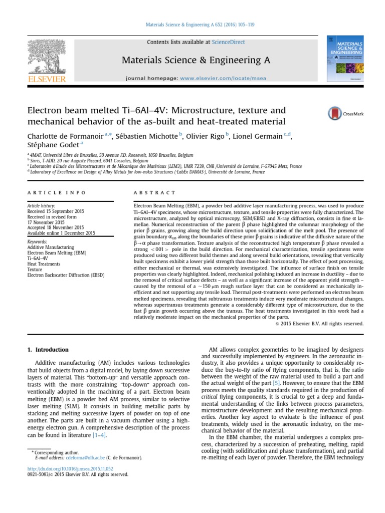 Electron Beam Melted Ti-6Al-4V: Microstructure, Texture and Mechanical Behavior of The As-Built ...