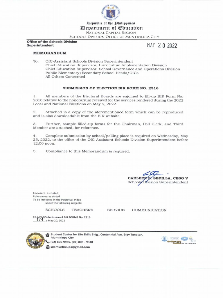 Unnumbered 2022 174 Submission of ELECTION BIR FORM NO. 2316 | PDF ...