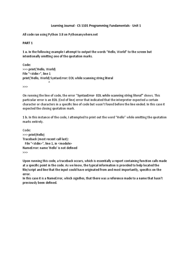 Learning Journal - CS1101 Programming Fundamentals - Unit 1 | Download Free PDF | Quotation Mark ...
