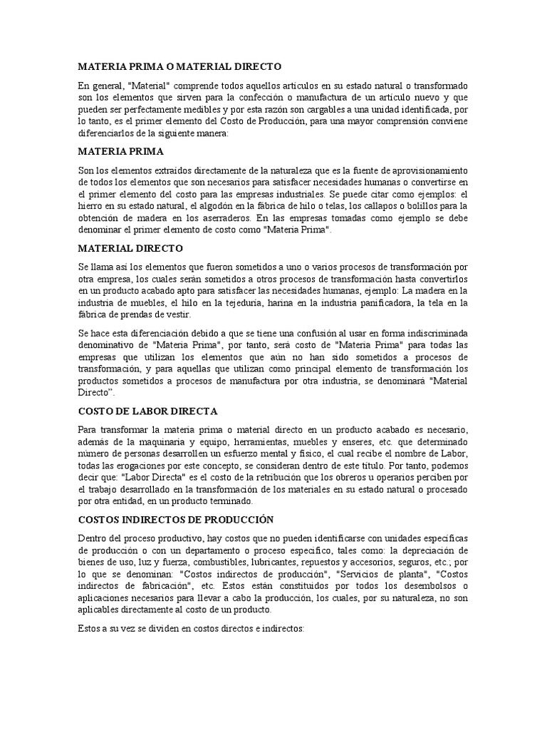 Materia Prima o Material Directo | PDF | Salario | Costo