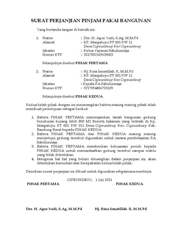 Surat Perjanjian Pinjam Pakai Gedung | PDF