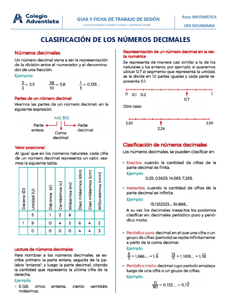 Clasificación de Los Números Decimales - 1ro Sec - Xvxilgcxlw | PDF