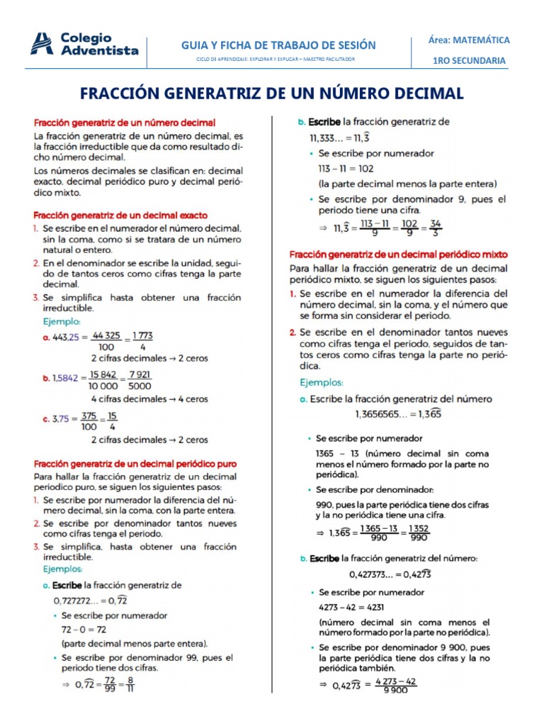 Fracción Generatriz de Un Decimal - 1ro Sec - Dybahjjttl | PDF
