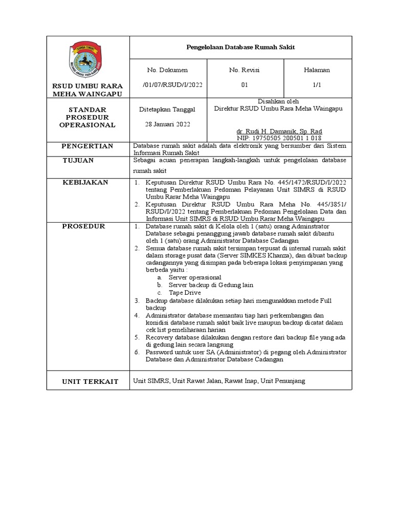 Spo Pengelolaan Database Rumah Sakit Pdf