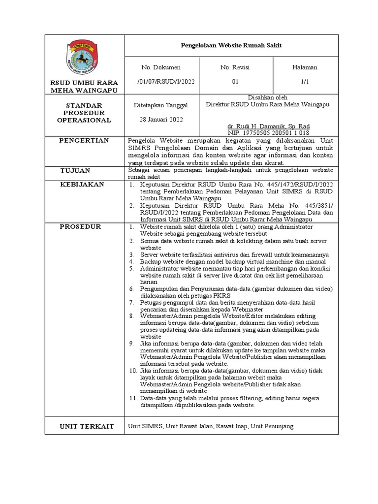 SPO Pengelolaan Website Rumah Sakit | PDF