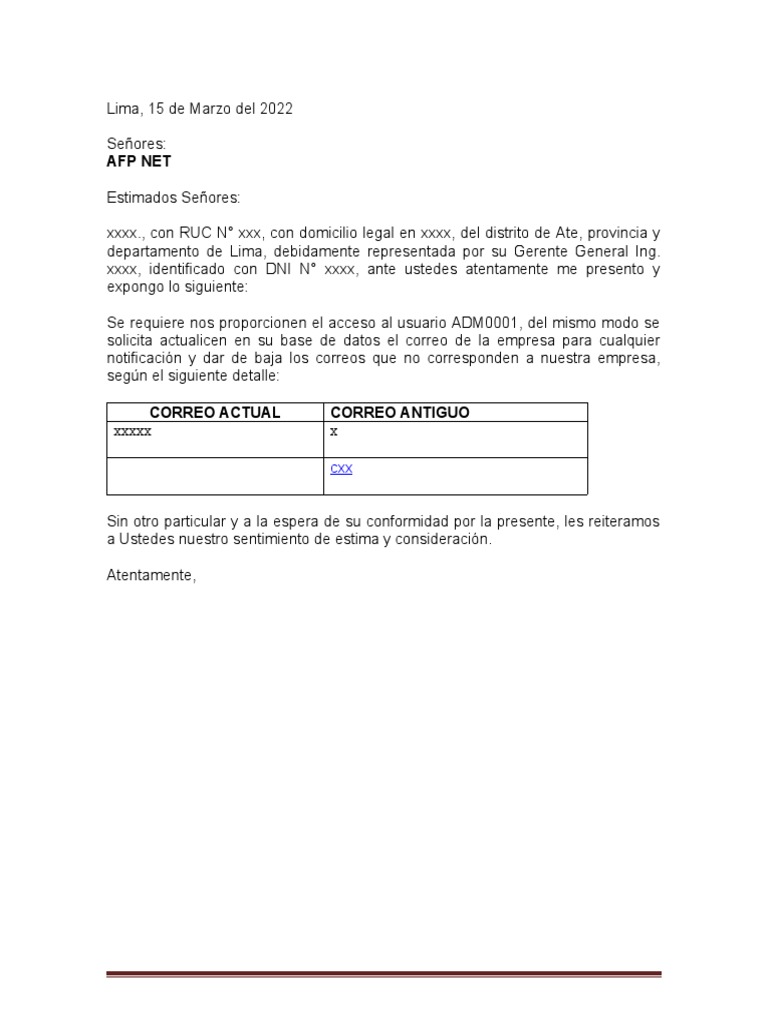 Carta A Afp Net - Actualizacion de Usuario | PDF