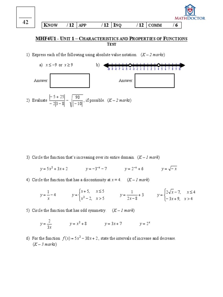 MHF4U1 - UNIT 1 – CHARACTERISTICS AND PROPERTIES OF FUNCTIONS TEST ... MHF4U1 - UNIT 1 – CHARACTERISTICS AND PROPERTIES OF FUNCTIONS TEST ...
