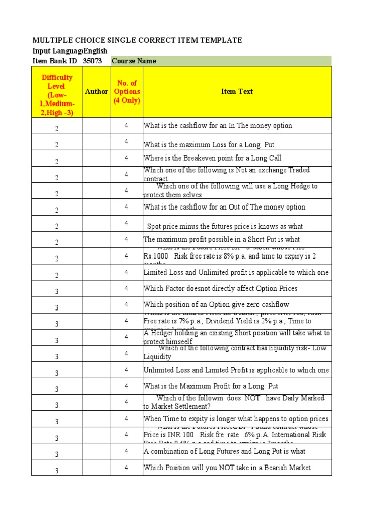 MC single correct item template options | PDF | Option (Finance) | Futures Contract