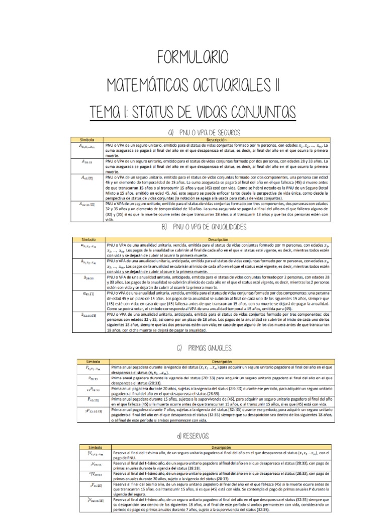 Formulario - Matemáticas Actuariales Ii | PDF