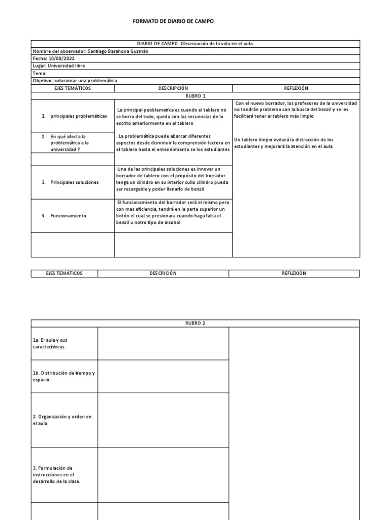 Formato de Diario de Campo Diario de Cam | PDF | Salón de clases ...