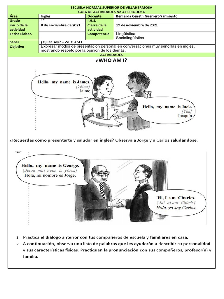 Inglés - Cuarto - Sesión 4 - Periodo 4 - ¿Quién Soy - WHO AM I | PDF