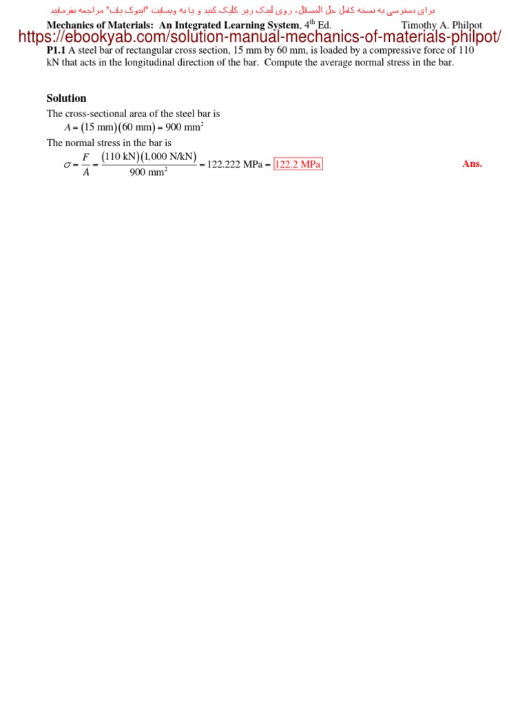 Sample For Solution Manual Mechanics of Materials 4th Edition Timothy ...