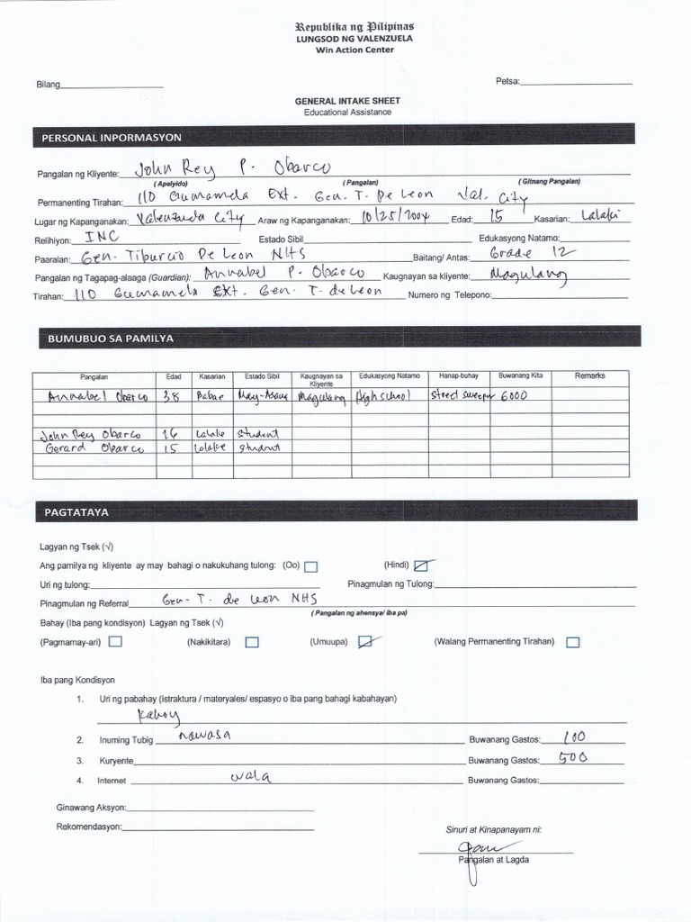 General Intake Sheet Obarco | PDF
