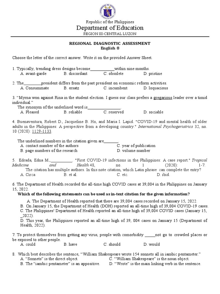 Regional Diagnostic Test - English 8 | PDF | Verb | Crimes