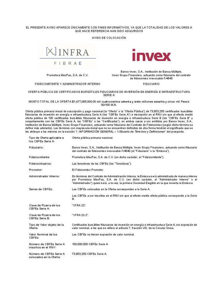 Xinfra - Project Ohtli - Aviso de Colocación | PDF | Ley de fideicomiso ...