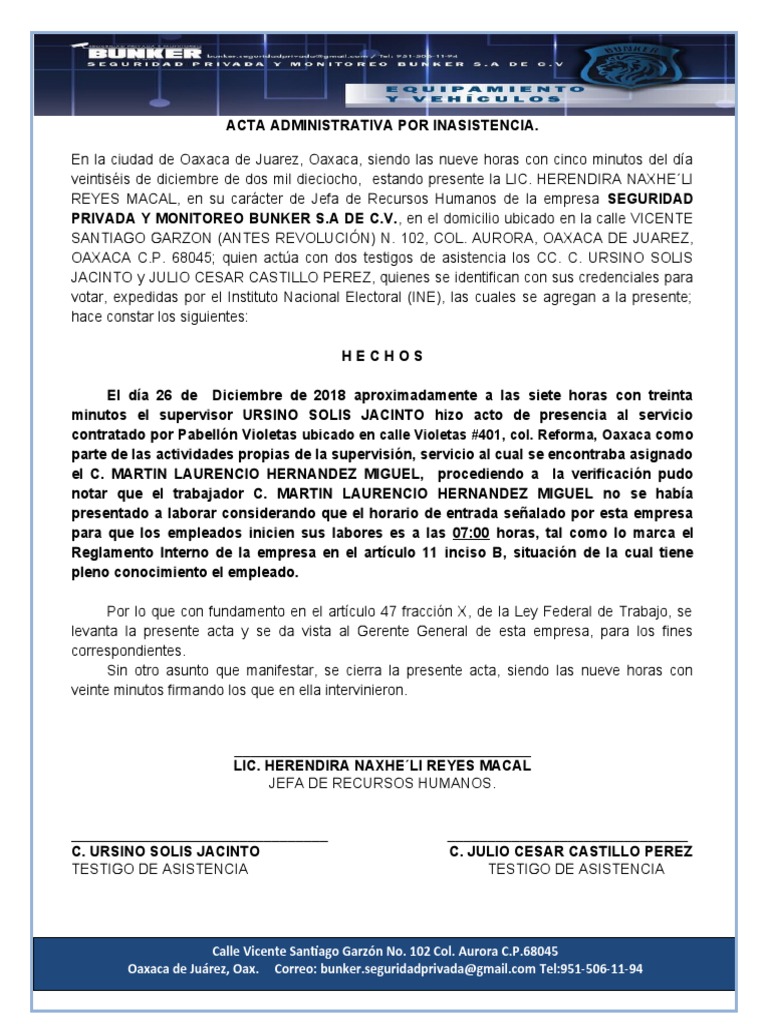 Acta de Inasistencia Injustificada | PDF