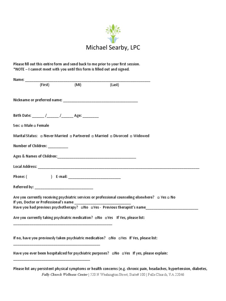 Adult Intake Form 9089850416 | PDF | Mental Disorder | Informed Consent