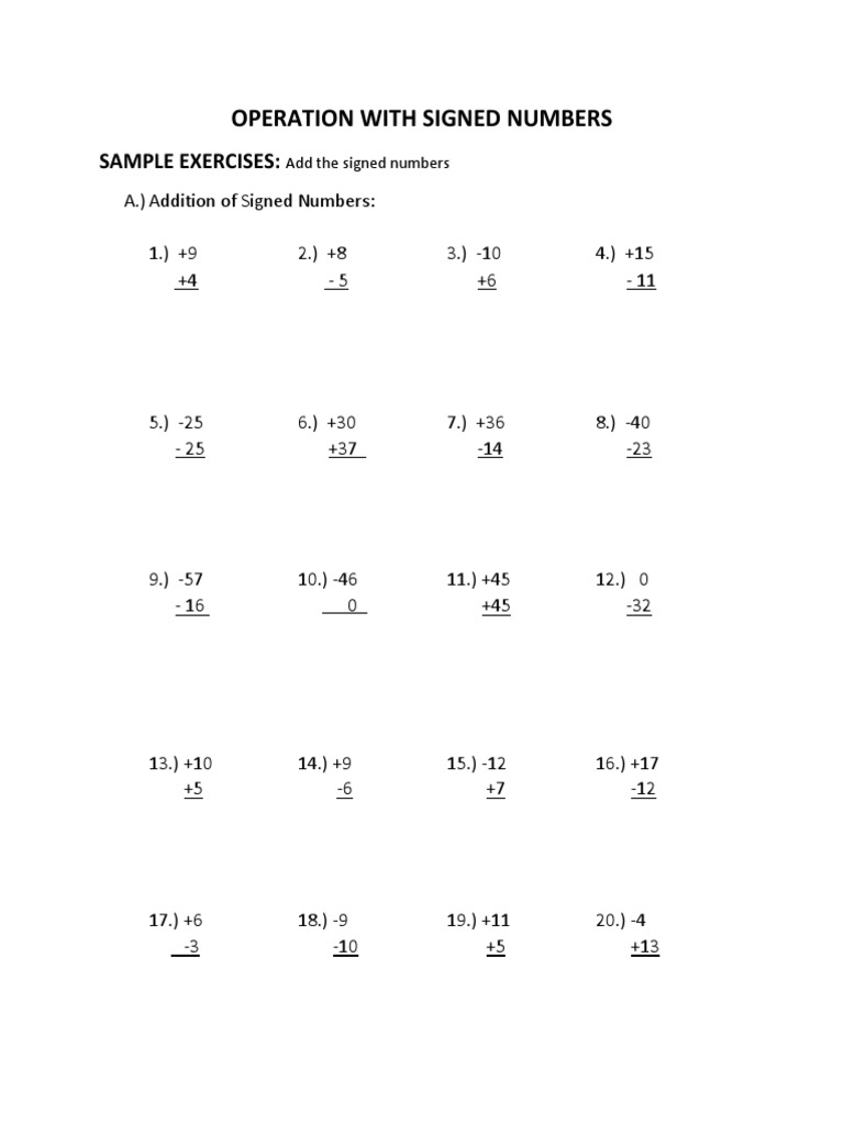Operation With Signed Numbers - Sample Exercises | PDF | Multiplication ...