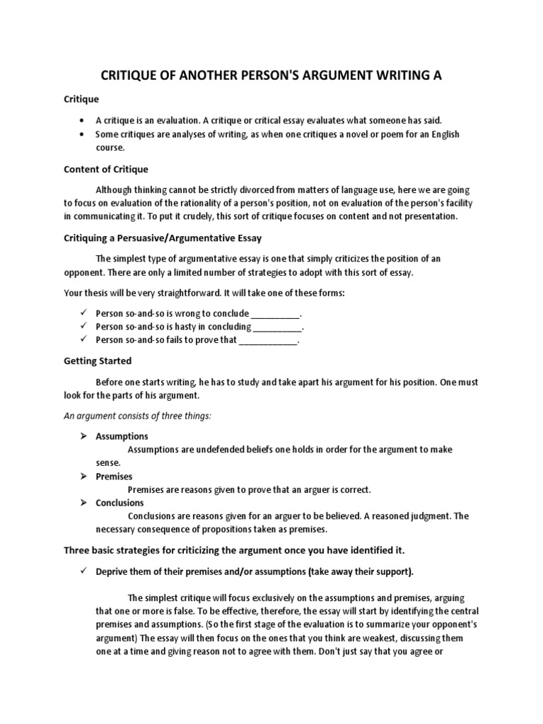 Critiquing Arguments: Strategies for Evaluating Another Person's ...