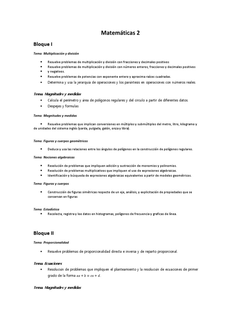 Temario Matemáticas 2 Sec Pdf Ecuaciones Multiplicación