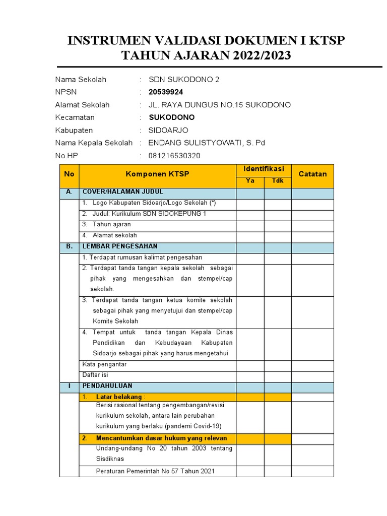 Instrumen Validasi KTSP 2022-23 | PDF
