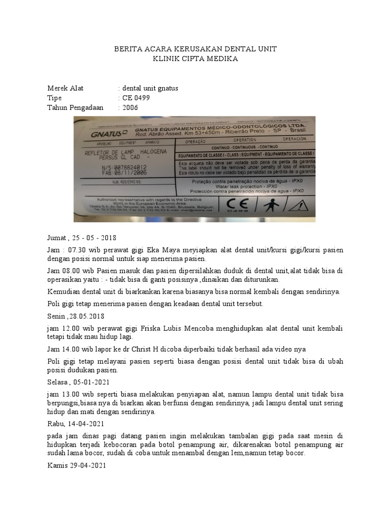 Berita Acara Kerusakan Dental Unit 2021 Serta Rekomendasi Dental Unit | PDF