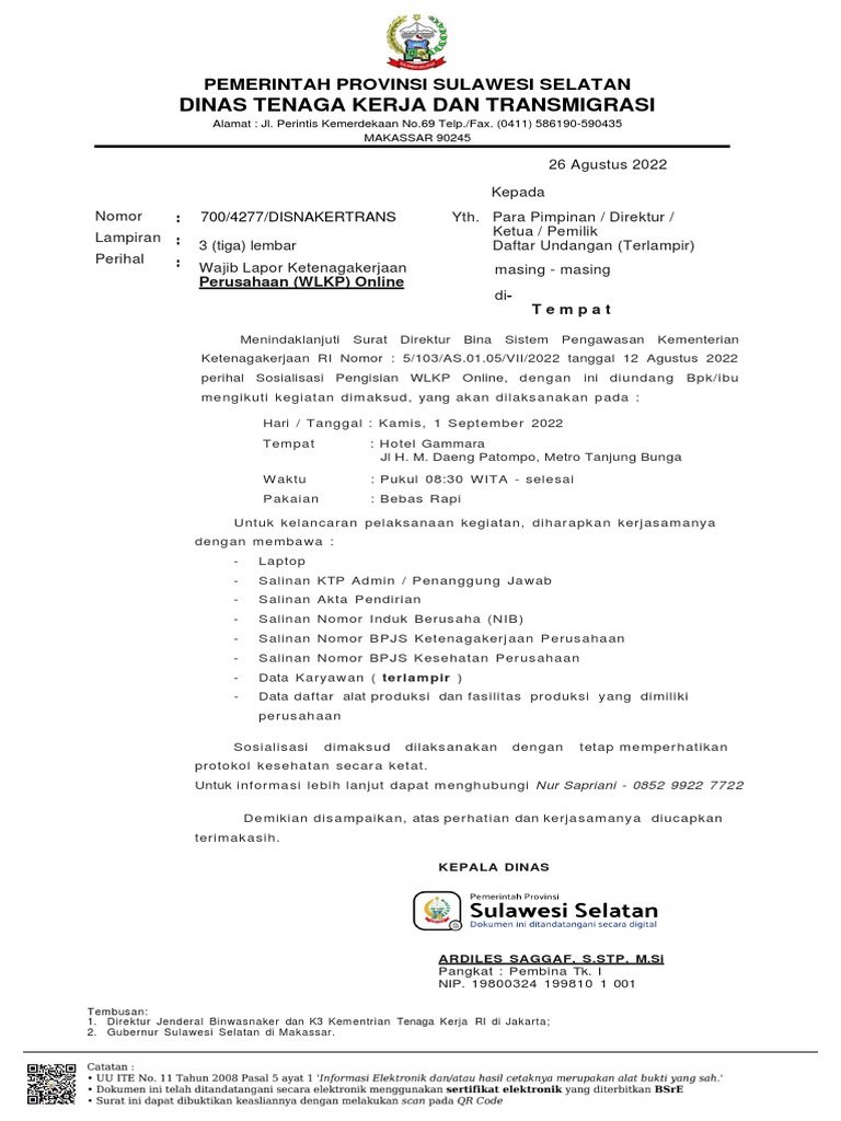 Surat Undangan Sosialisasi Pengisian WLKP Online | PDF