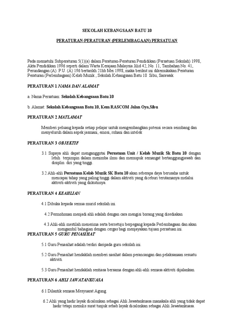 Contoh Perlembagaan Tunas Puteri SK Batu 10 | PDF