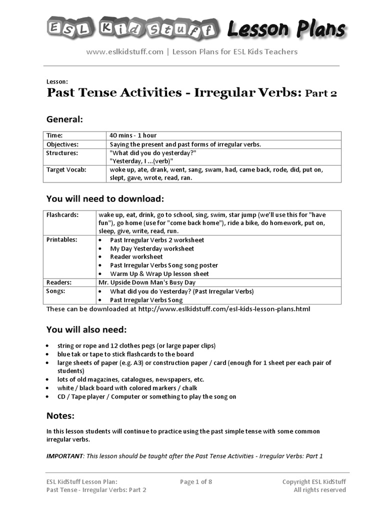 Past Tense Irregular Verbs Lesson Plan 02 | PDF | English As A Second ...