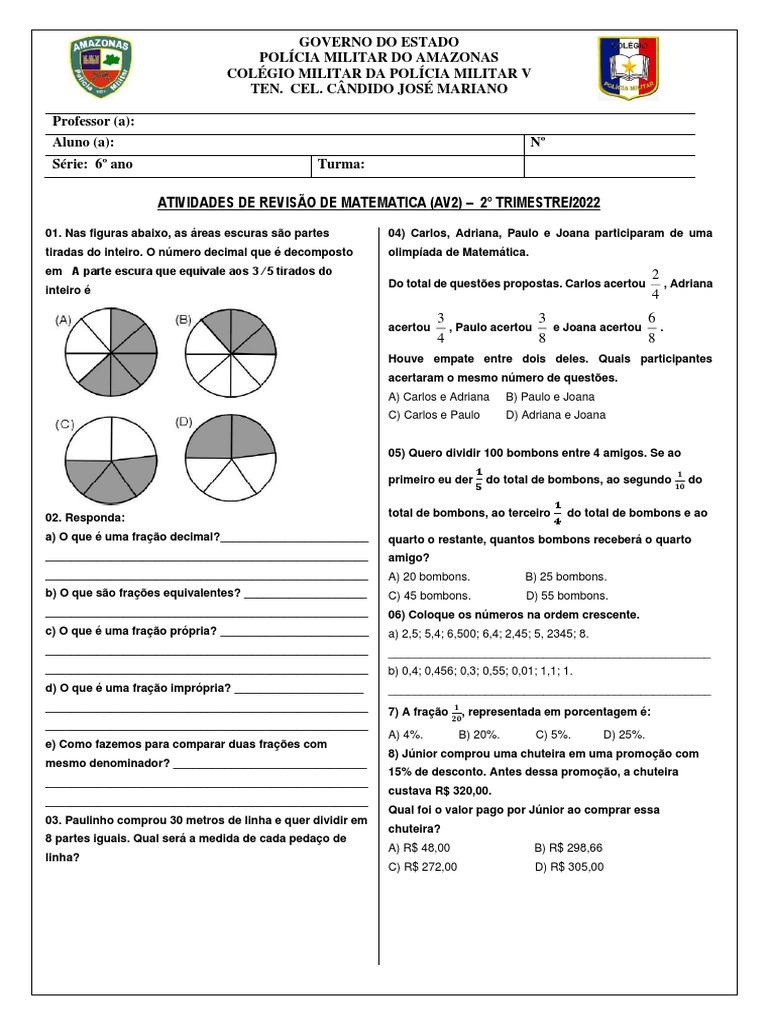 Revisão Av2 - Matemática 6º Ano - 2º Trimestre 2022 S | PDF | Números | Matemática elementar