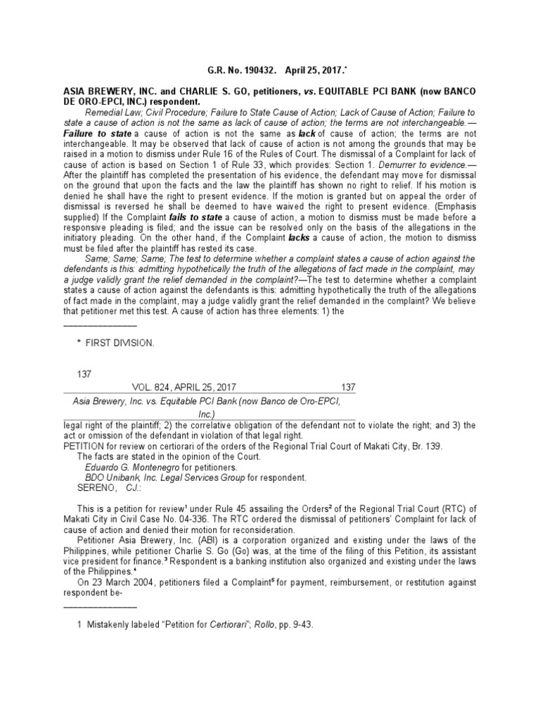 Asia Brewery VS Equitable Pci Bank - Cause of Action | PDF | Demurrer ...