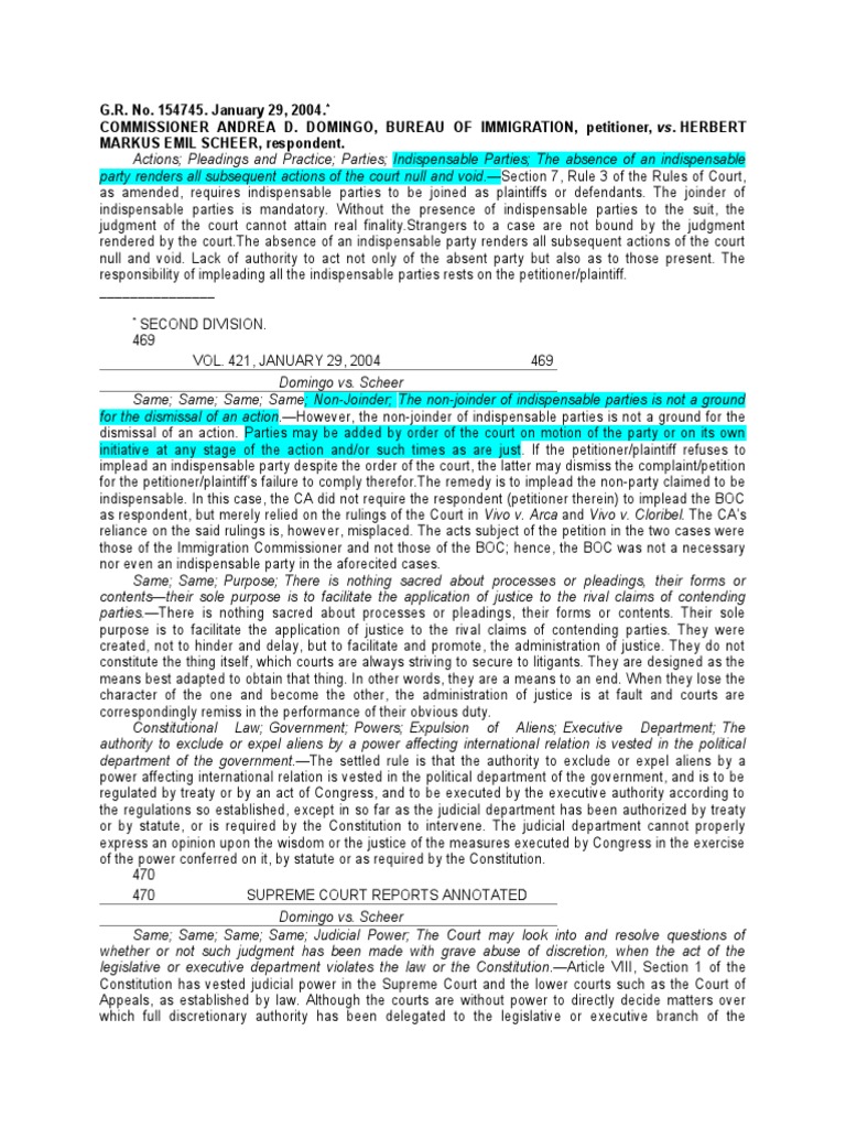 Domingo VS Scheer - Party - Indispensable Party Not Impleaded | PDF ...