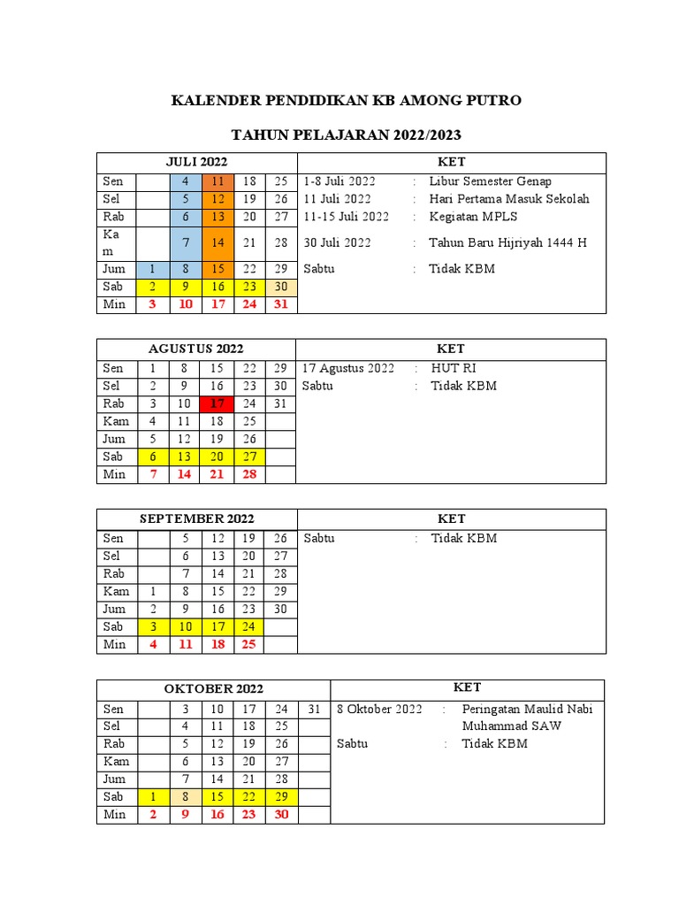 Kalender Pendidikan KB Among 2022/2023 | PDF