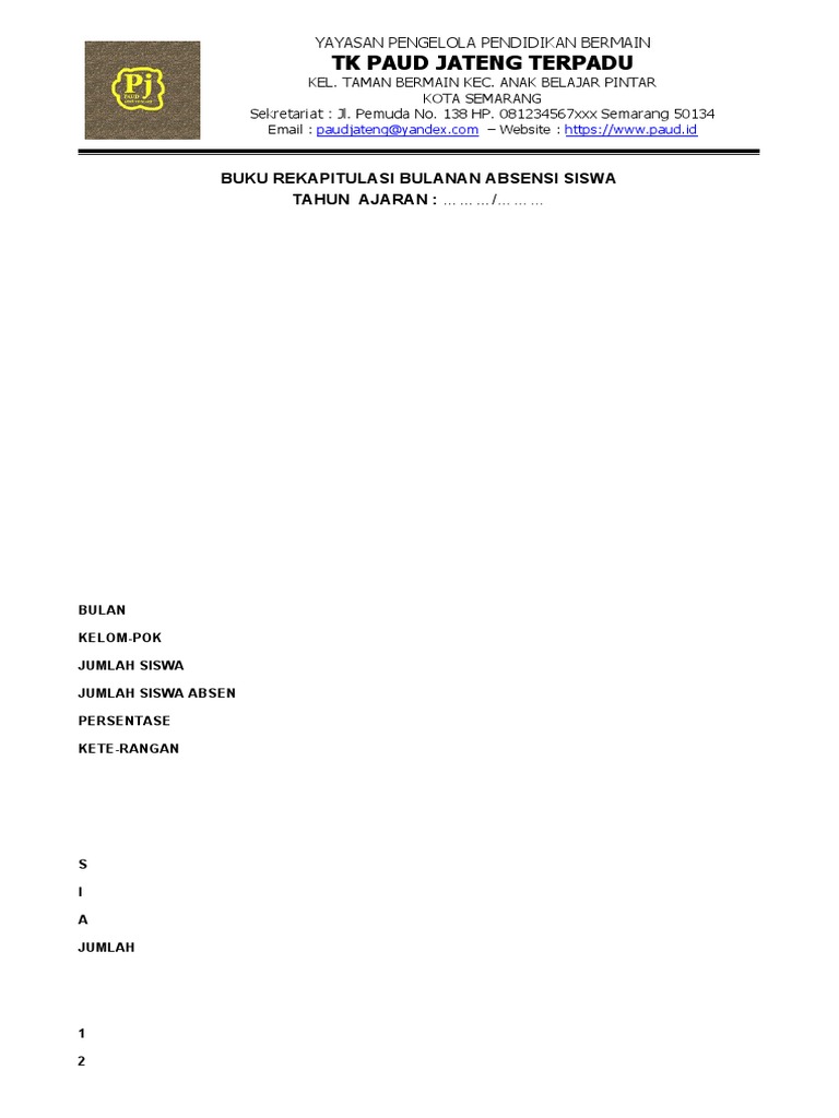 A.3.6 Buku Rekap Absensi Bulanan Anak Paud TK KB | PDF