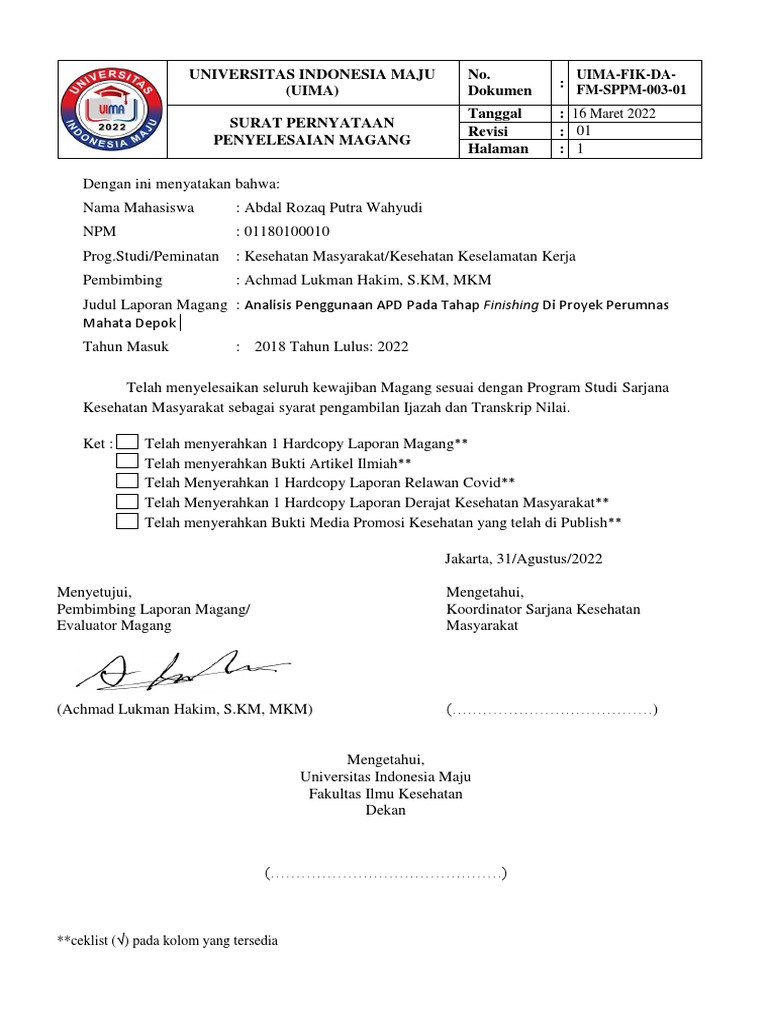 FORM PENYELESAIAN MAGANG - UIMA - Abdalrpw | PDF