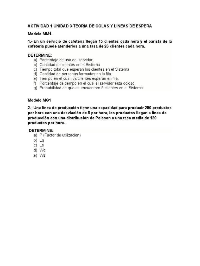 Teoría de Colas: Modelo MM1 y MG1 | PDF