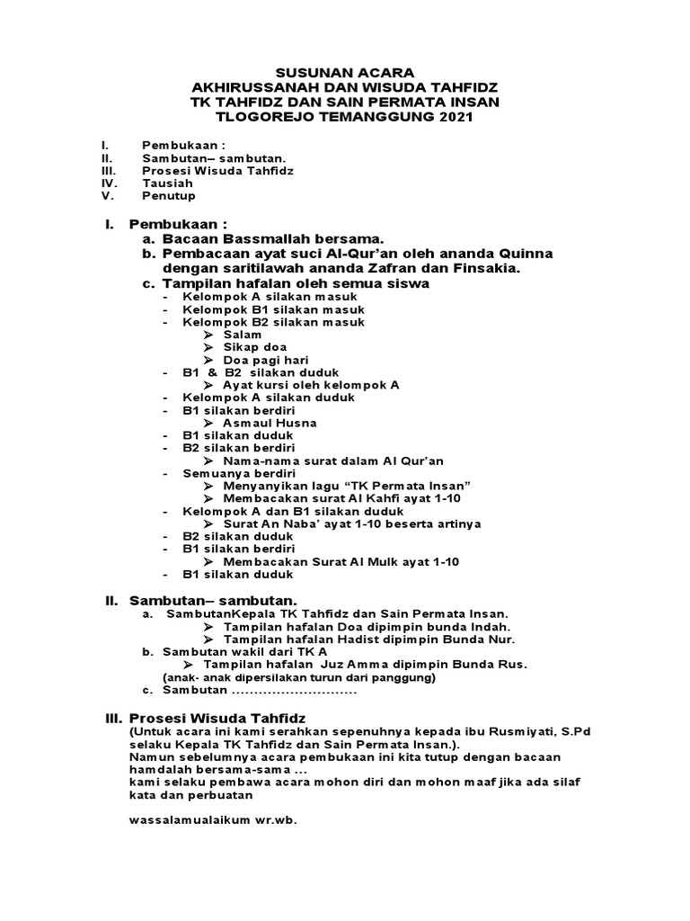 Susunan Acara Wisuda TK Tahfidz | PDF