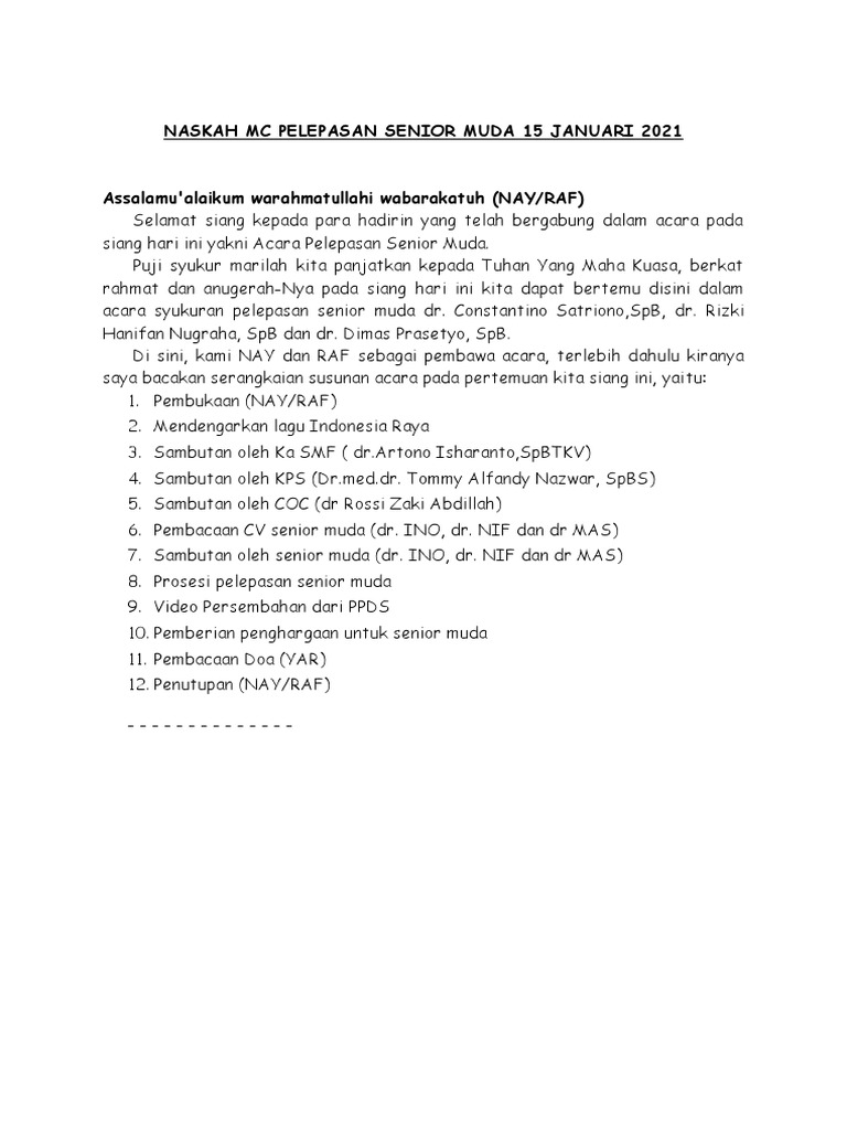 Naskah MC Pelepasan Senior Muda 2021 | PDF