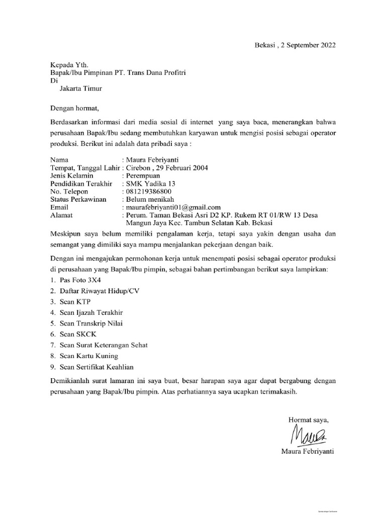 Surat Lamaran Kerja PT. Trans Dana Profitri PDF | PDF