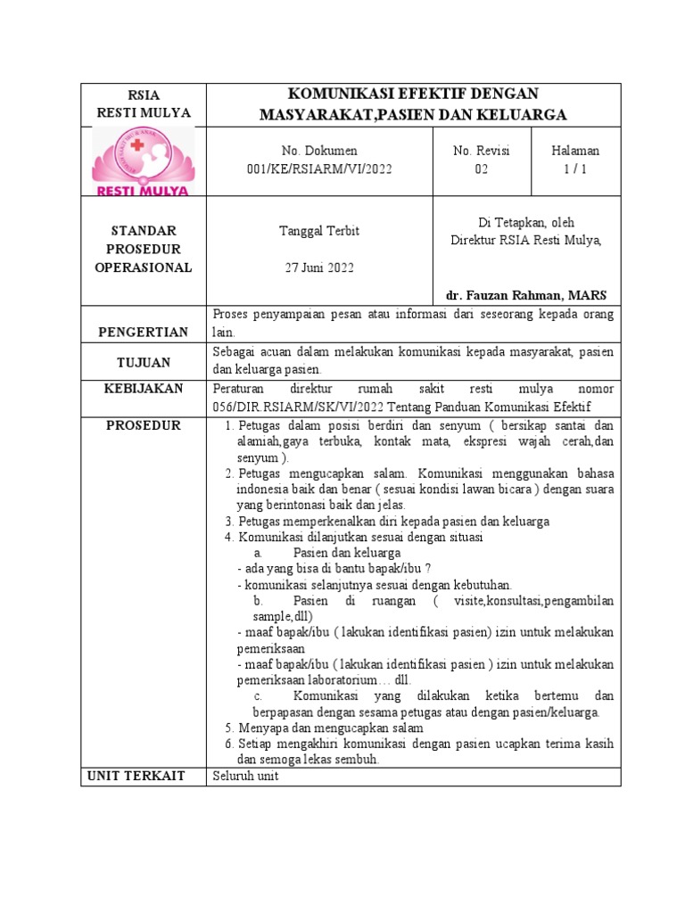 Panduan Komunikasi Efektif RSIA Resti Mulya | PDF