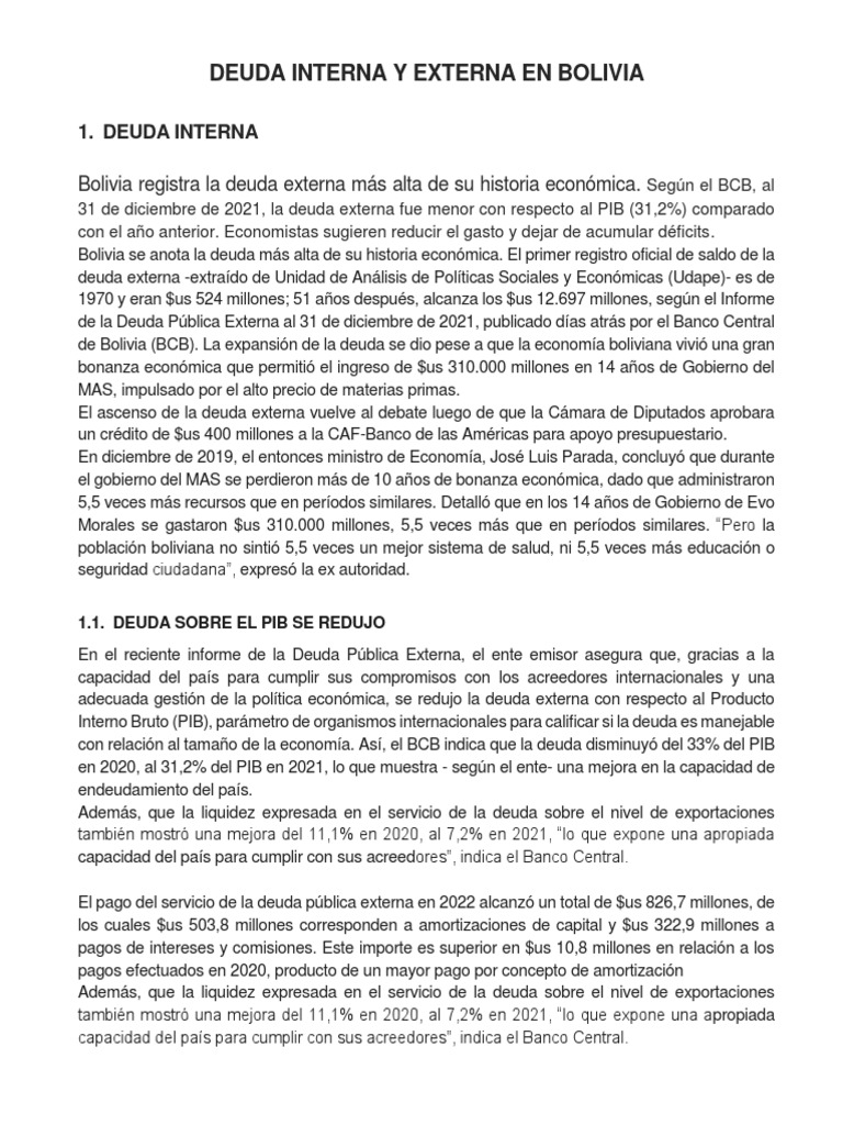 Deuda Interna y Externa en Bolivia | PDF | Deuda gubernamental | Bolivia