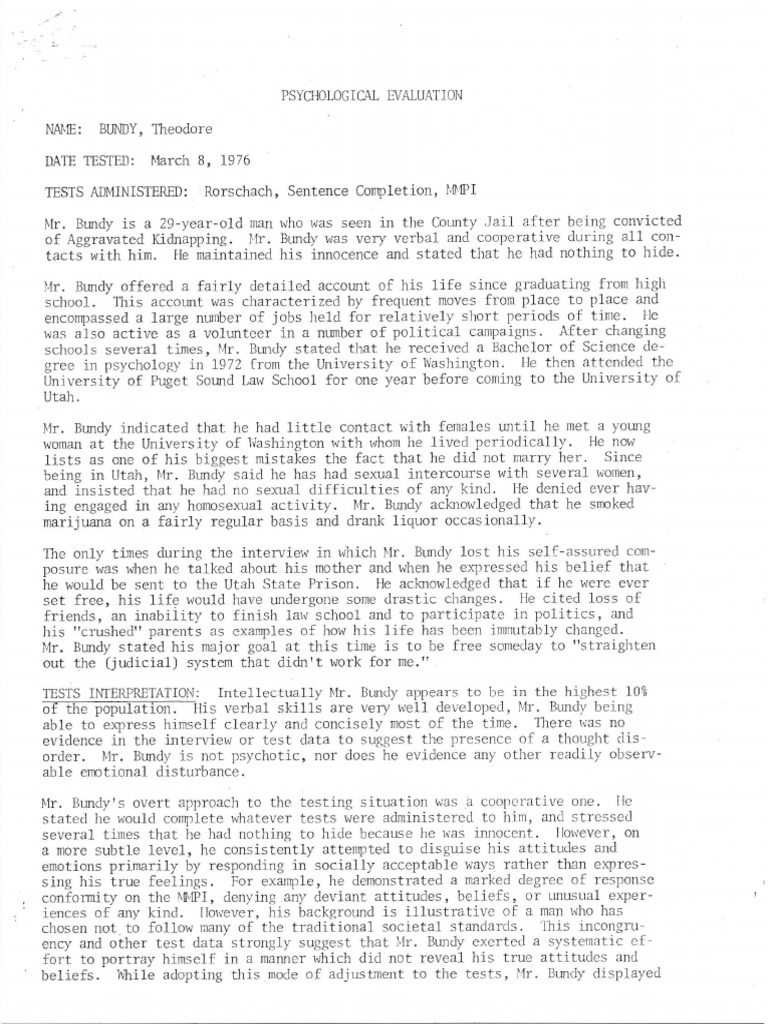 Ted Bundy - Dr. Evan Lewis' Psychological Evluation of Bundy, 1976 | PDF